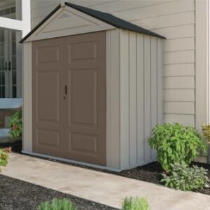 Rubbermaid Resin Outdoor Storage Shed With Floor (7 x 3.5 Ft.), Weather Resistant, Brown/Grey, Organization for Home/Lawn Mower/Backyard Equipment/Bike Storage/Pool Supplies