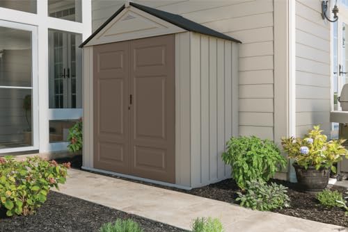 Rubbermaid Resin Outdoor Storage Shed With Floor (7 x 3.5 Ft.), Weather Resistant, Brown/Grey, Organization for Home/Lawn Mower/Backyard Equipment/Bike Storage/Pool Supplies