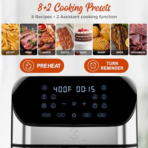 Air Fryer 8 Qt Large Size With Clear Window, 8 Presets, 3 Special Features Turn Reminder, Preheat, Light, True One-touch Panel, 360° Turbo Airflow Tech, Nonstick Basket,Stainless Steel