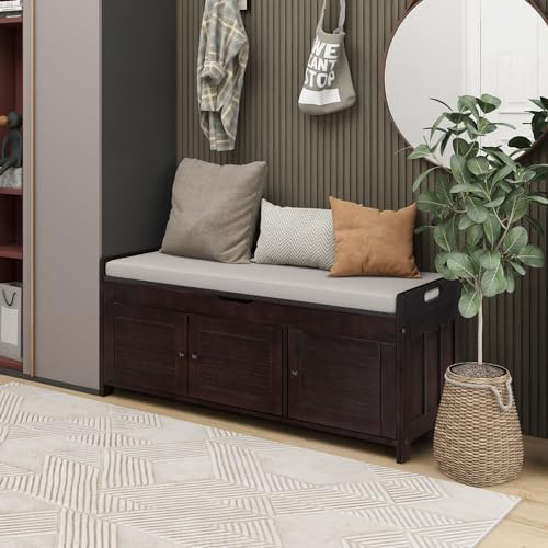 SOFTSEA Storage Bench with 3 Shutter Shaped Doors, Wooden Shoe Bench with Removable Cushion and Hidden Storage Space, Espresso