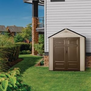 Rubbermaid Resin Outdoor Storage Shed With Floor (7 x 3.5 Ft.), Weather Resistant, Brown/Grey, Organization for Home/Lawn Mower/Backyard Equipment/Bike Storage/Pool Supplies