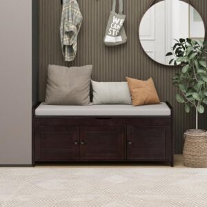 SOFTSEA Storage Bench with 3 Shutter Shaped Doors, Wooden Shoe Bench with Removable Cushion and Hidden Storage Space, Espresso