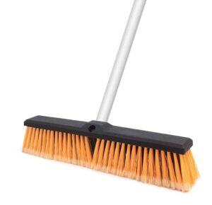 18" push broom outdoor heavy duty with stiff bristles, shop broom with 63" long handle, snow broom garage push broom for concrete wood scrub brush for cleaning shop garage deck patio driveway (orange)