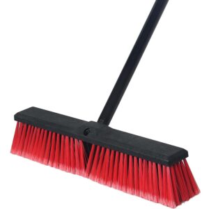 18" push broom outdoor heavy duty with stiff bristles, shop broom with 63" long handle, snow broom garage push broom for concrete wood scrub brush for cleaning shop garage deck patio driveway (red)