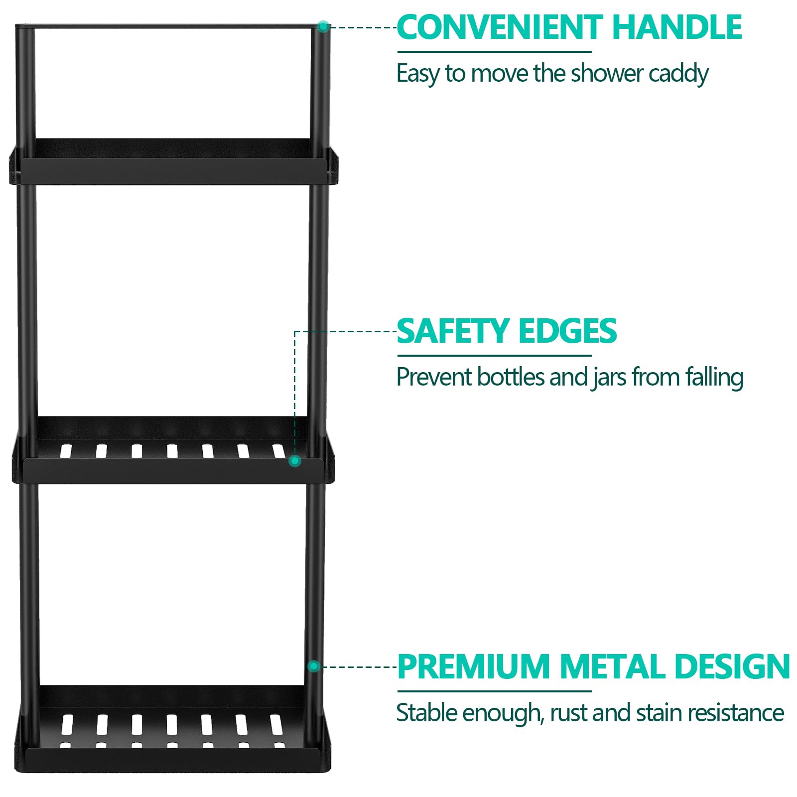 3 Tier Standing Shower Caddy Organizer Corner, Bathroom Shower Organizer Stand with Handle, Metal Shower Shelf Caddy Corner for Shampoo, Shower Rack Stands for Inside Bathroom, Bathtub, Black