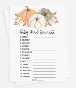 50 baby shower word scramble (50-cards) fun baby shower game activity, gender neutral boy or girl, pumpkin, autumn