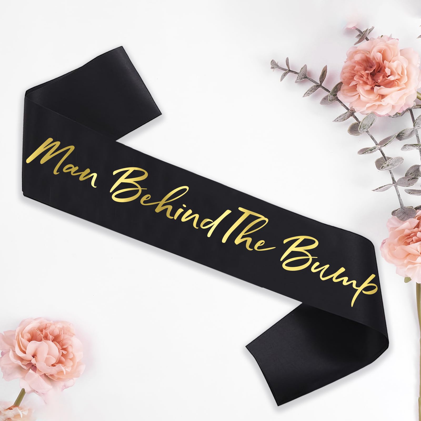 "Man Behind The Bump" Baby Shower Sash for Daddy to Be，Black Gold Lettering Sash Baby Shower Party Decorations Supplies New Father Gender Reveal Gifts