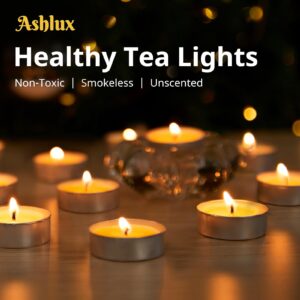 Ashlux Unscented Palm Tea Lights Candles 100 Pack Bulk, 4.5 Hours Long Burning White Tea Lights,Non-Paranffin, Smokeless, Mini Tealight Votive Candles for Wedding, Centerpiece, Party, Power Outages