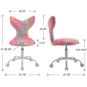 ZSARTS Cute Kids Desk Chair with Wheels Armless Swivel Study Chair with Mermaid Tail Back for Girls Faux Fur Adjustable Task Chair for Bedroom Home Office,Dark Colorful