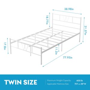 wOod-it Twin Bed Frame with Headboard - 12.8 Inch Metal Platform, Noise-Free Heavy-Duty Steel Slat Mattress Foundation, No Box Spring Required - White