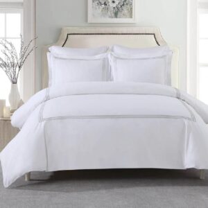 royal tradition medium warm 8pc percale bedding set (california king size) includes: grey adeline duvet cover set and white bed sheets with down alternative comforter