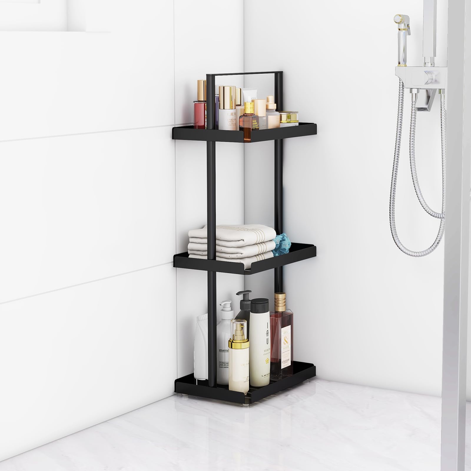 3 Tier Standing Shower Caddy Organizer Corner, Bathroom Shower Organizer Stand with Handle, Metal Shower Shelf Caddy Corner for Shampoo, Shower Rack Stands for Inside Bathroom, Bathtub, Black