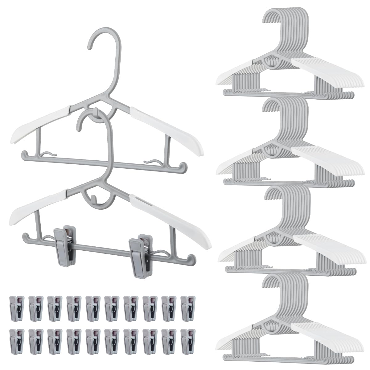 40 Kids Hangers with Clips Adjustable Hangers Grey Baby Hangers for Clothes Non Slip Childrens Hangers Toddler Hangers Kids Extendable Hanger with Hook Stackable Plastic Hangers with 20 Hanger Clips