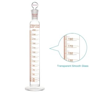 stonylab Measuring Cylinder with Stopper, 250 ml Heavy Wall Borosilicate Glass Measuring Graduated Cylinder with 24/40 Standard Ground Joint and Flat Head Stopper, 1 Pack