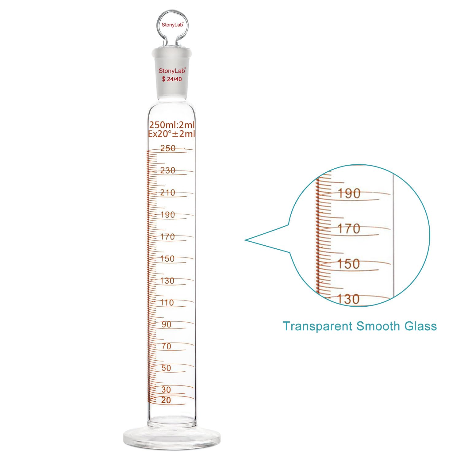 stonylab Measuring Cylinder with Stopper, 250 ml Heavy Wall Borosilicate Glass Measuring Graduated Cylinder with 24/40 Standard Ground Joint and Flat Head Stopper, 1 Pack