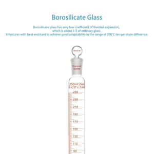 stonylab Measuring Cylinder with Stopper, 250 ml Heavy Wall Borosilicate Glass Measuring Graduated Cylinder with 24/40 Standard Ground Joint and Flat Head Stopper, 1 Pack