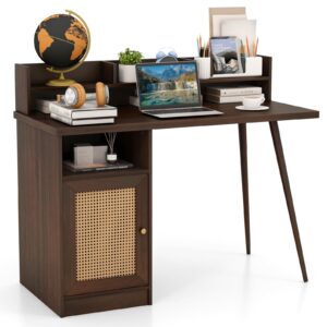 tangkula mid century desk with hutch, 48” writing study desk with pe rattan storage cabinet & shelves, laptop pc desk with rubber wood legs, compact computer workstation for home office (brown)