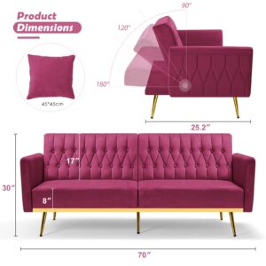 Lesofair 70" Velvet Futon with Adjustable Backrest and Armrests, Sofa Bed with with Extra Pillows for Waiting Room, Living Room and Office, Fuchsia