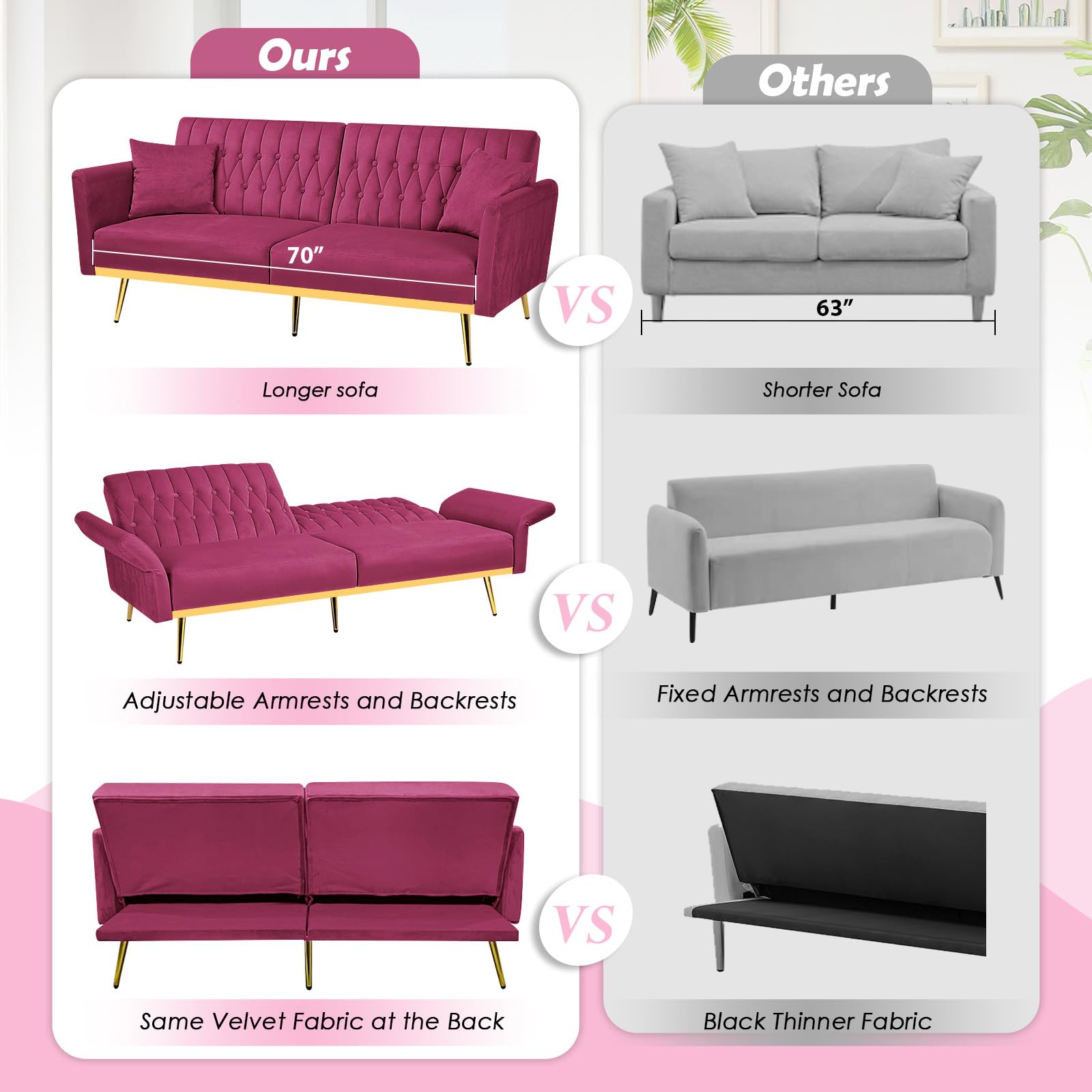 Lesofair 70" Velvet Futon with Adjustable Backrest and Armrests, Sofa Bed with with Extra Pillows for Waiting Room, Living Room and Office, Fuchsia