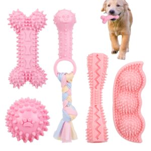 fuyamp 5 pack puppy chew toys for teething puppies soft rubber cute pink dog toys teeth cleaning teething toy soft rubber rope dog toys funny bone ball cleaning teeth dog for small medium dogs