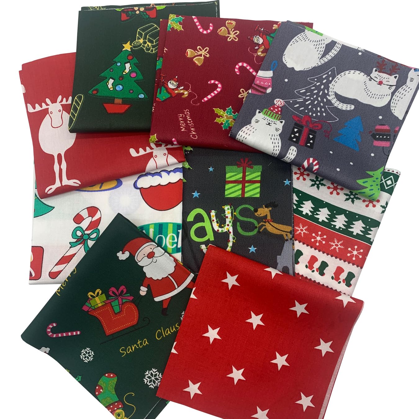 aufodara 10 Pieces Christmas Fabric Fat Quarters 9.8x9.8inch Cotton Quilting Fabric Bundles for DIY Christmas Sewing Patchwork (9.8x9.8inch - 10pcs, Christmas Patterns)