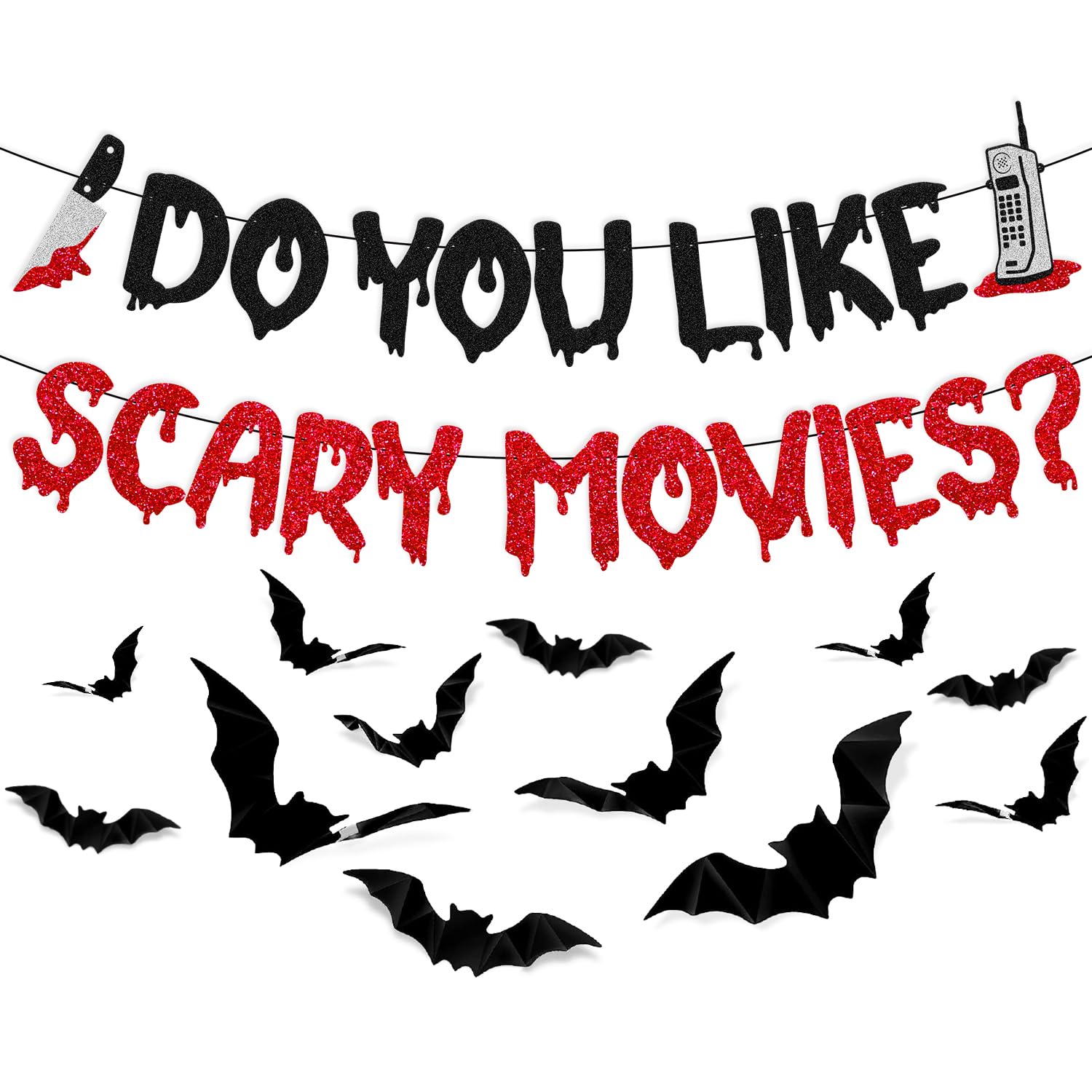 Halloween Decoration Do You Like Scary Movies Banner with 3D Bat Ornaments Hallow Horror Movies Night Party Decor Have a Killer Scream Party Decor Halloween Bloody Slayer Murder theme Spooky Creepy