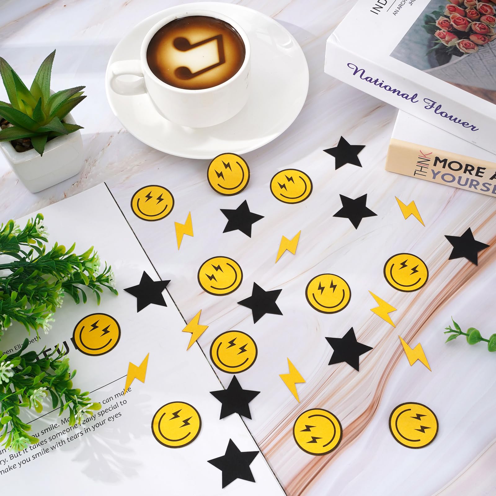 Whaline 300Pcs One Happy Dude Table Confetti Smile Face Lightning Star Shaped Confetti Yellow Black Table Centerpiece for First Birthday Party Decoration