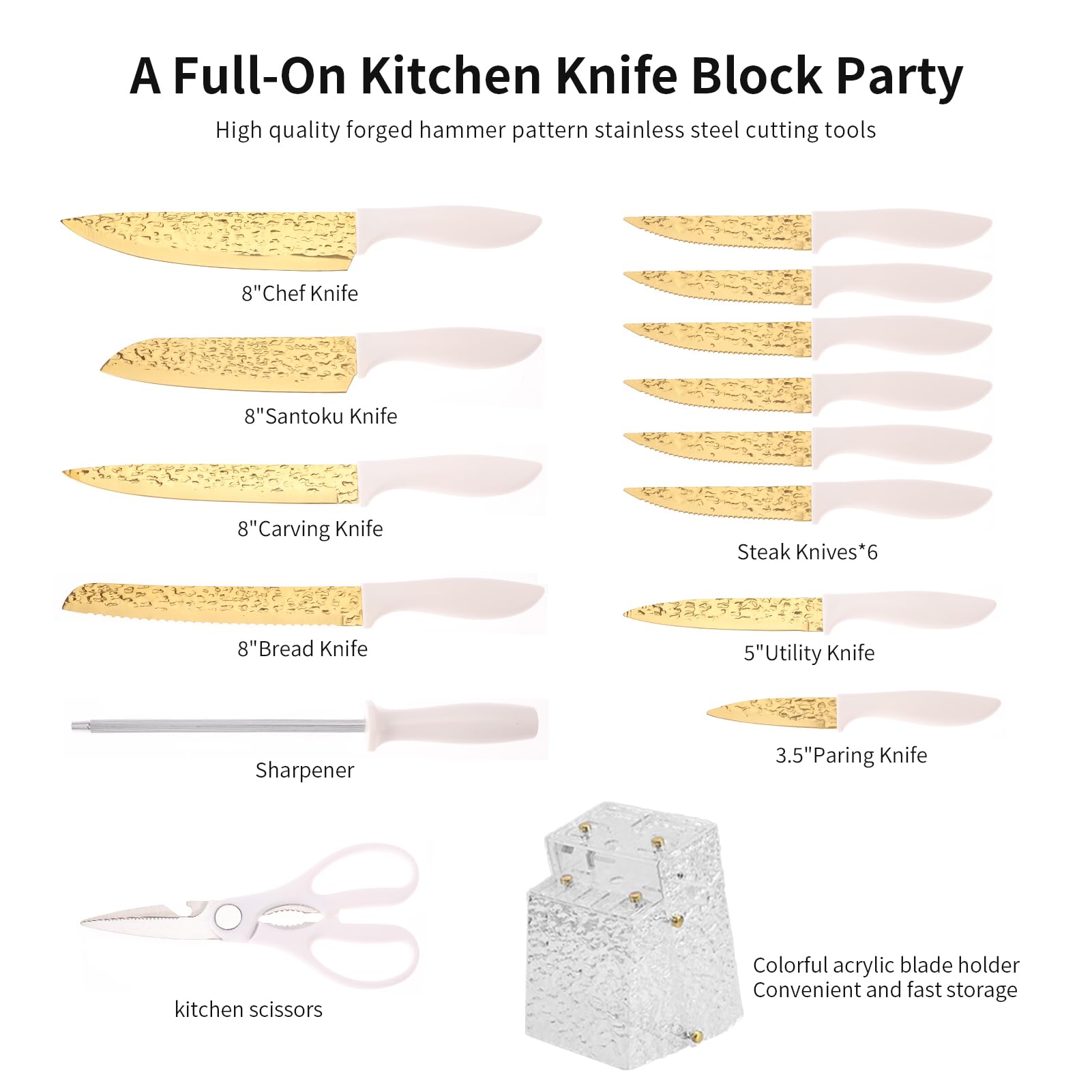 Kitchen Knife Set Non Stick Knives Set with Block Cutlery Knife Block Sets, Serrated Steak Knife, Scissors and Sharpener, 15Pcs Stainless Steel Chef Sharp Quality with Gold Blade for Home & Pro Use