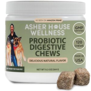 asher house wellness probiotics digestive chew for dogs - dog probiotic, digestive enzymes for gut health & digestion - pet chews for diarrhea, upset stomach, allergies, itchy skin relief, 120 chews