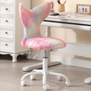 zsarts cute kids desk chair with wheels armless swivel study chair with mermaid tail back for girls faux fur adjustable task chair for bedroom home office,dark colorful