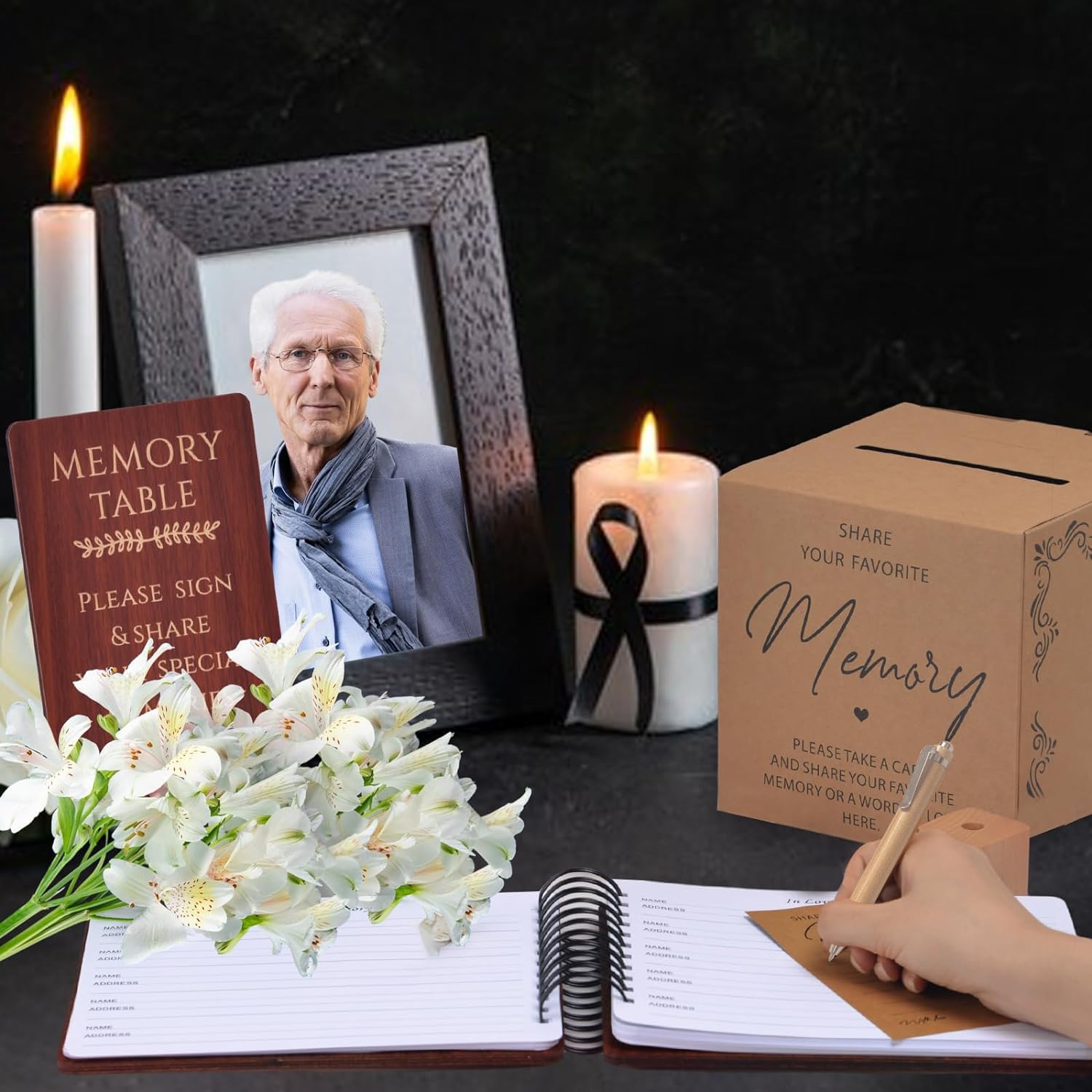 Wooden Funeral Guest Book Set for Memorial Service Celebration of Life Party Decorations in Loving Memory Guest Register Book with Pen& Stand, Included Table Sign,Share a Memory Cards and Box-Tree