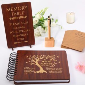 Wooden Funeral Guest Book Set for Memorial Service Celebration of Life Party Decorations in Loving Memory Guest Register Book with Pen& Stand, Included Table Sign,Share a Memory Cards and Box-Tree