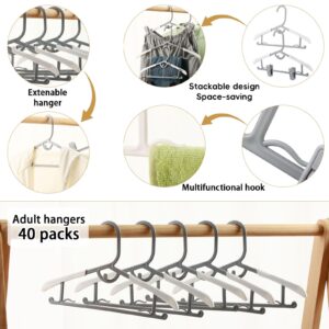 40 Kids Hangers with Clips Adjustable Hangers Grey Baby Hangers for Clothes Non Slip Childrens Hangers Toddler Hangers Kids Extendable Hanger with Hook Stackable Plastic Hangers with 20 Hanger Clips