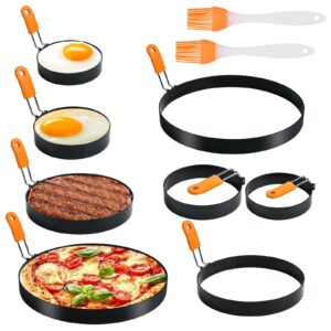 akamino 10 pcs pancake mold, 3.5,4,6,8 in stainless steel egg rings set for frying eggs, large omelet ring with silicone handle & 2 pcs oil brush, round egg maker for griddle muffins breakfast