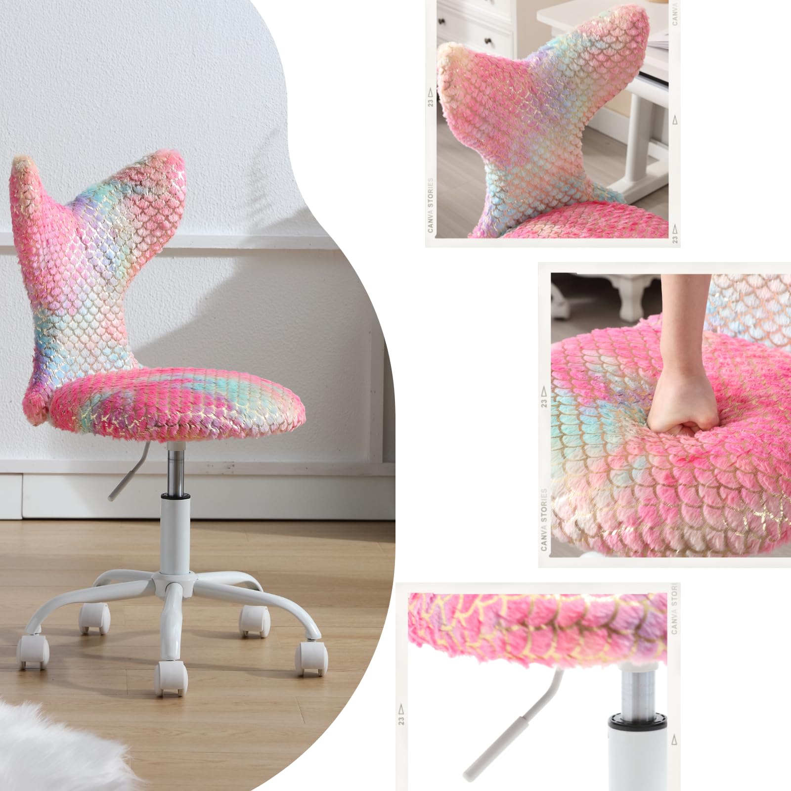 ZSARTS Cute Kids Desk Chair with Wheels Armless Swivel Study Chair with Mermaid Tail Back for Girls Faux Fur Adjustable Task Chair for Bedroom Home Office,Dark Colorful