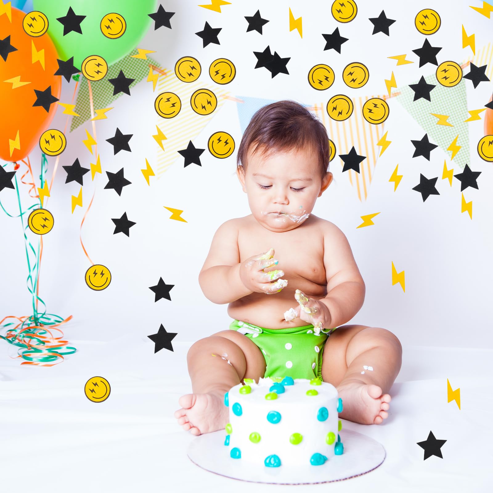 Whaline 300Pcs One Happy Dude Table Confetti Smile Face Lightning Star Shaped Confetti Yellow Black Table Centerpiece for First Birthday Party Decoration