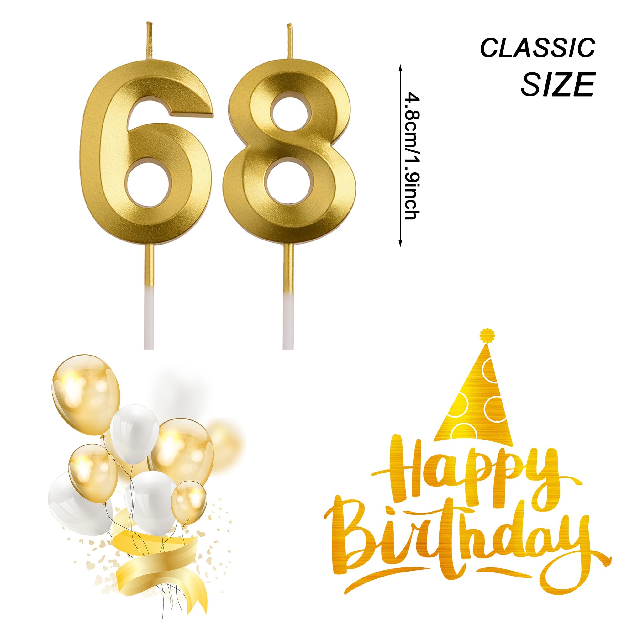 AOOLADA 68th 86th Birthday Candles, Gold 86 68 Year Old Number Birthday Candles, Birthday Party Decorations Cake Topper Gifts for Men Women