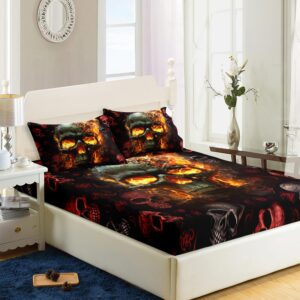 AILONEN Fire Skull Fitted Sheet Queen Size, 3D Skeleton Bed Sheet Set for Kids Boys,Fiery Style Black Tint Soft Breathable,1 Fitted Sheet 2 Pillowcases,3 PCS,Soft Microfibre