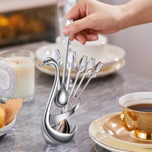 SGVRPVZ Silver Small Coffee Spoon Holder Set,Swan Base With 12 Pcs Demitasse Espresso Spoons Set,6" Mini Tulip/Rose Dessert Spoon,Stainless Steel Tea Spoons