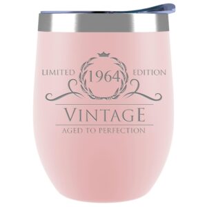 sodilly 60th birthday gifts for women, vintage 1964 stemless wine tumblers for women, wife, mom, friends, sister, turning 60 and fabulous birthday gifts wine tumbler, 12oz blush