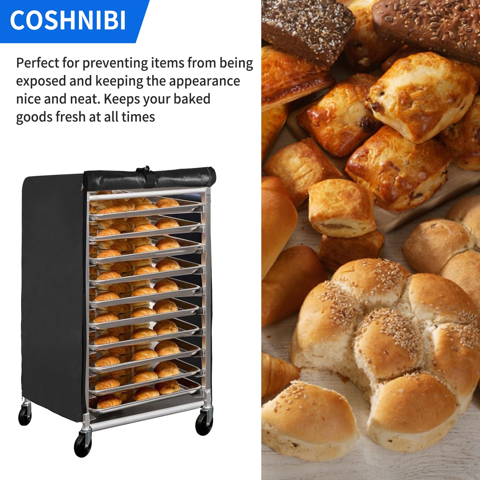 COSHNIBI Pan Bun Rack Cover, 420D Waterproof and Dust Resistant with Zipper Pan Rack Cover, Suitable for Commercial Bread Racks - 23" W x 28" L x 32" H,Black