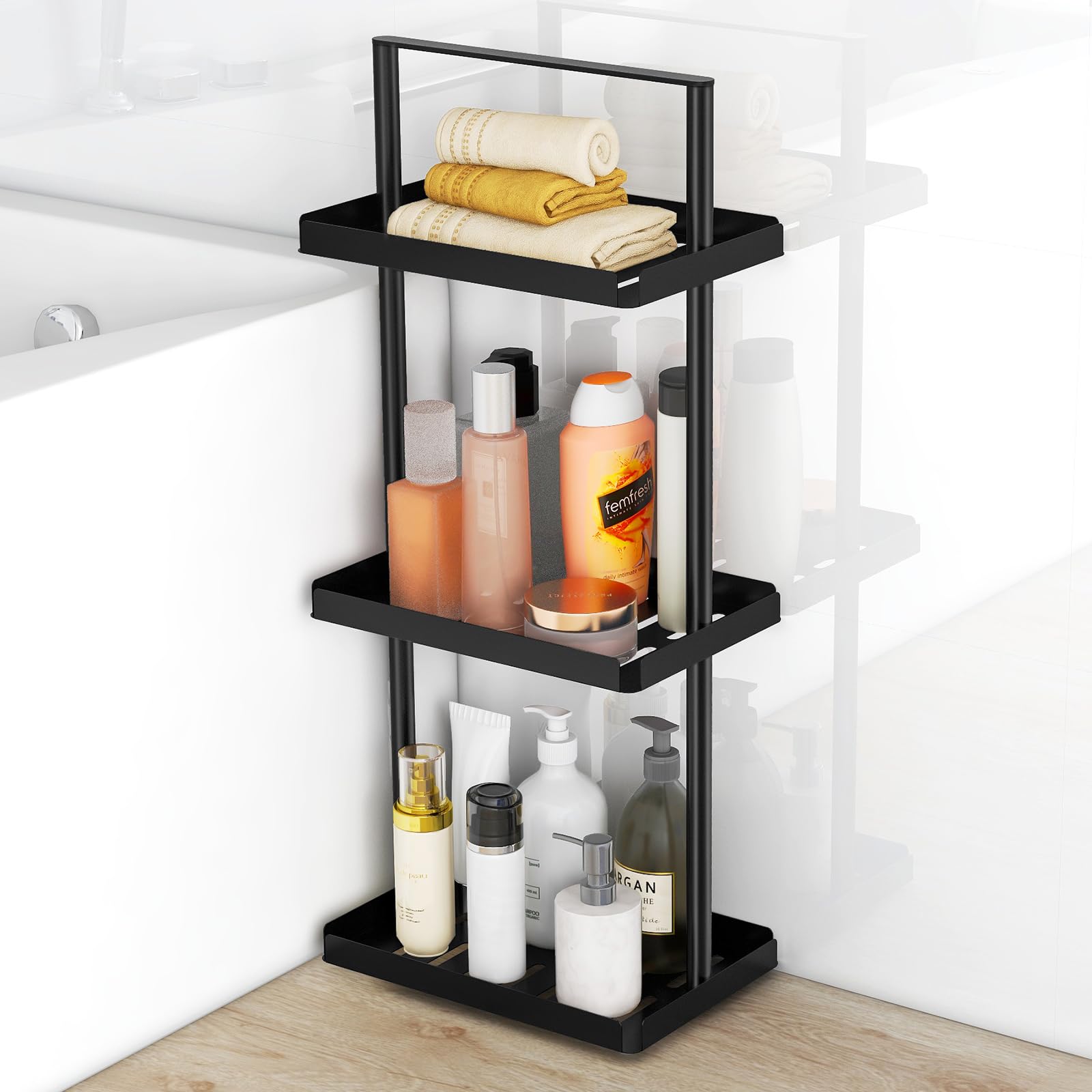 3 Tier Standing Shower Caddy Organizer Corner, Bathroom Shower Organizer Stand with Handle, Metal Shower Shelf Caddy Corner for Shampoo, Shower Rack Stands for Inside Bathroom, Bathtub, Black