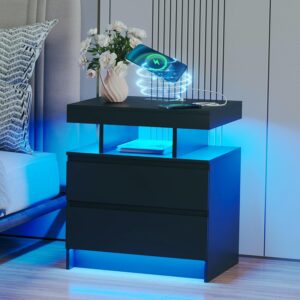 dnbss nightstand with charging station and led light, modern night stand with 2 drawers, smart nightstand with usb ports and wireless charger, bedside table for bedroom, black