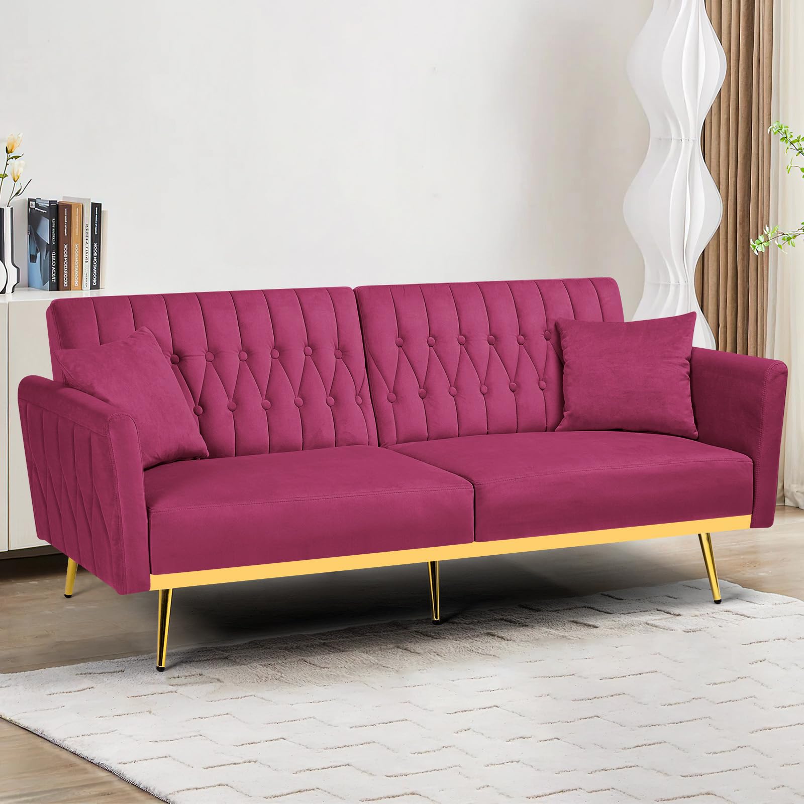 Lesofair 70" Velvet Futon with Adjustable Backrest and Armrests, Sofa Bed with with Extra Pillows for Waiting Room, Living Room and Office, Fuchsia