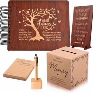 Wooden Funeral Guest Book Set for Memorial Service Celebration of Life Party Decorations in Loving Memory Guest Register Book with Pen& Stand, Included Table Sign,Share a Memory Cards and Box-Tree