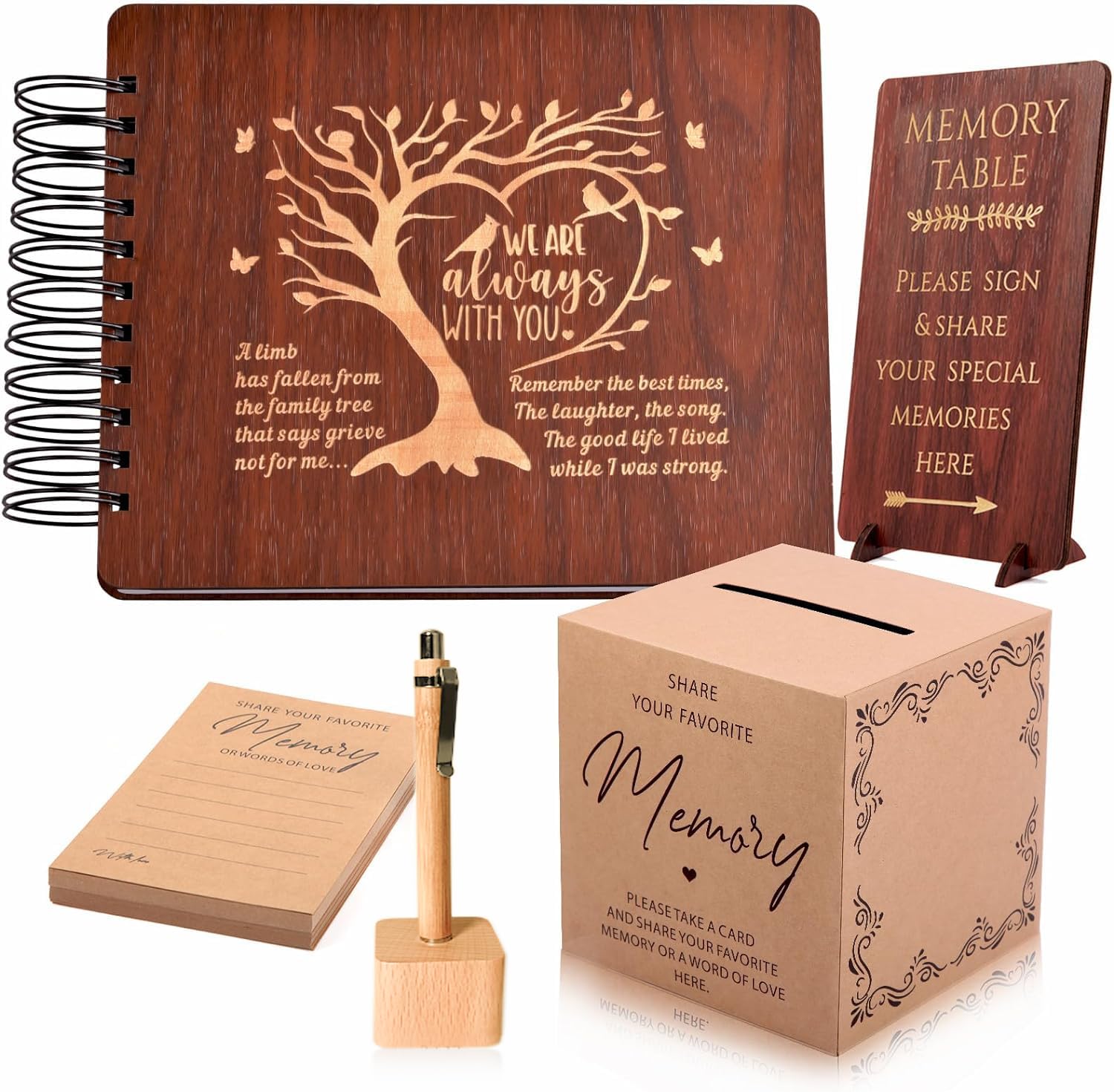 Wooden Funeral Guest Book Set for Memorial Service Celebration of Life Party Decorations in Loving Memory Guest Register Book with Pen& Stand, Included Table Sign,Share a Memory Cards and Box-Tree