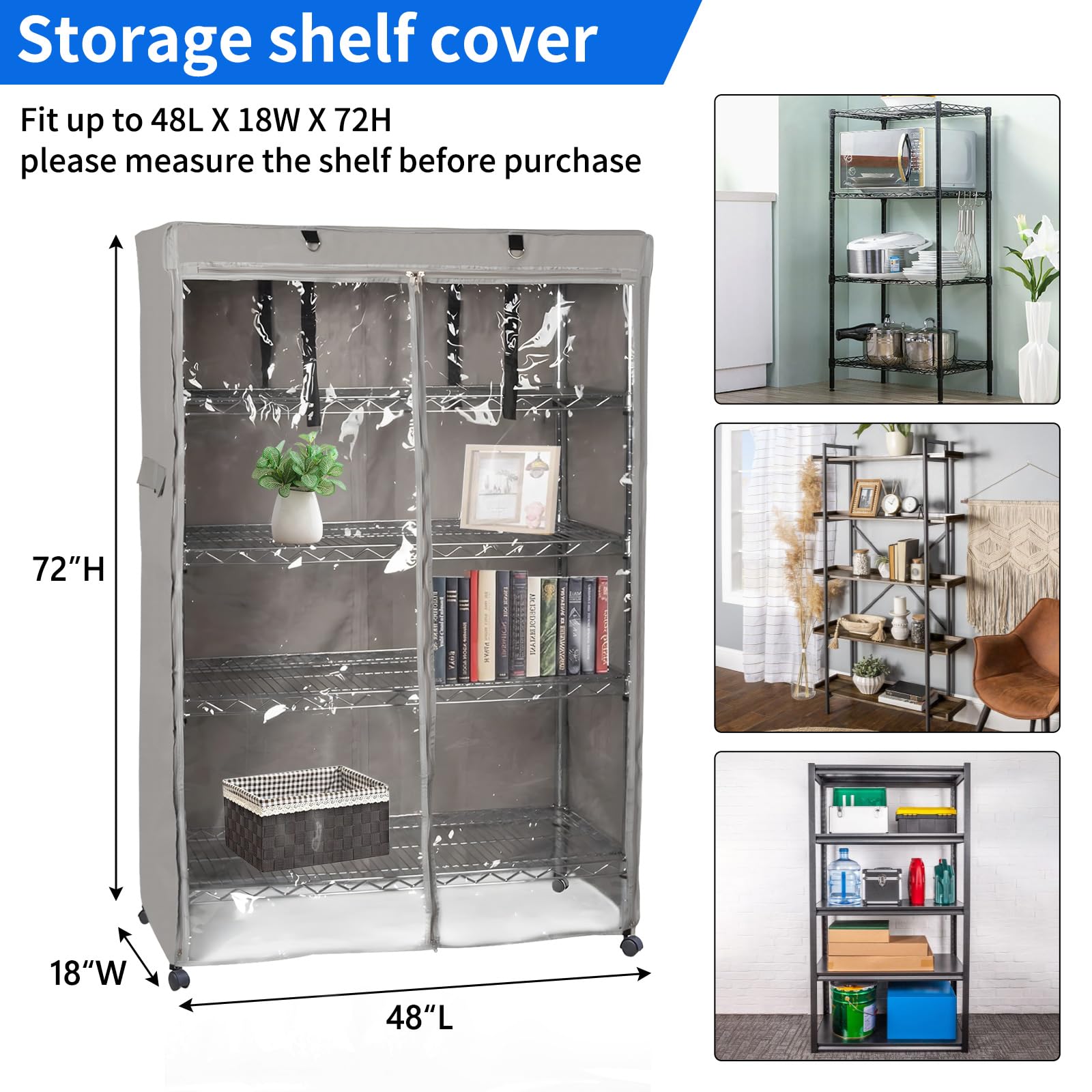 COSHNIBI Storage Shelf Cover, Premium Clear Front Shelf Cover for 48Lx18Dx72H Shelves, Keeps Garage Kitchen Clean T-Shaped 3-Way Zipper, One Side See-Through Panel (Cover Only)