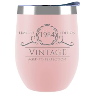 sodilly 40th birthday gifts for women, vintage 1984 stemless wine tumblers for women, wife, mom, friends, sister, turning 40 and fabulous birthday gifts wine tumbler, 12oz blush