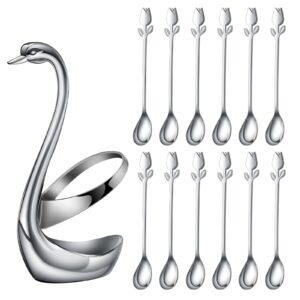 SGVRPVZ Silver Small Coffee Spoon Holder Set,Swan Base With 12 Pcs Demitasse Espresso Spoons Set,6" Mini Tulip/Rose Dessert Spoon,Stainless Steel Tea Spoons