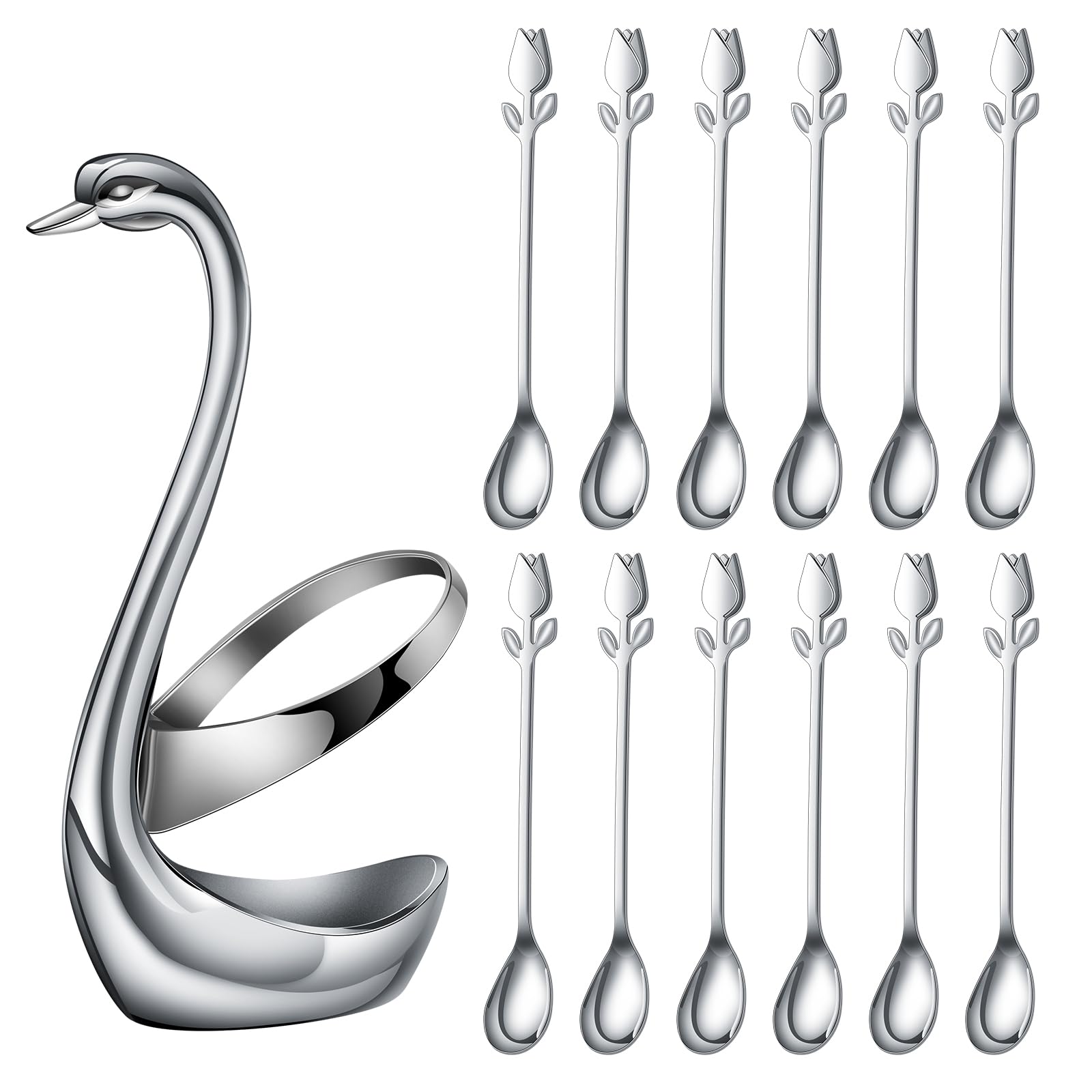 SGVRPVZ Silver Small Coffee Spoon Holder Set,Swan Base With 12 Pcs Demitasse Espresso Spoons Set,6" Mini Tulip/Rose Dessert Spoon,Stainless Steel Tea Spoons